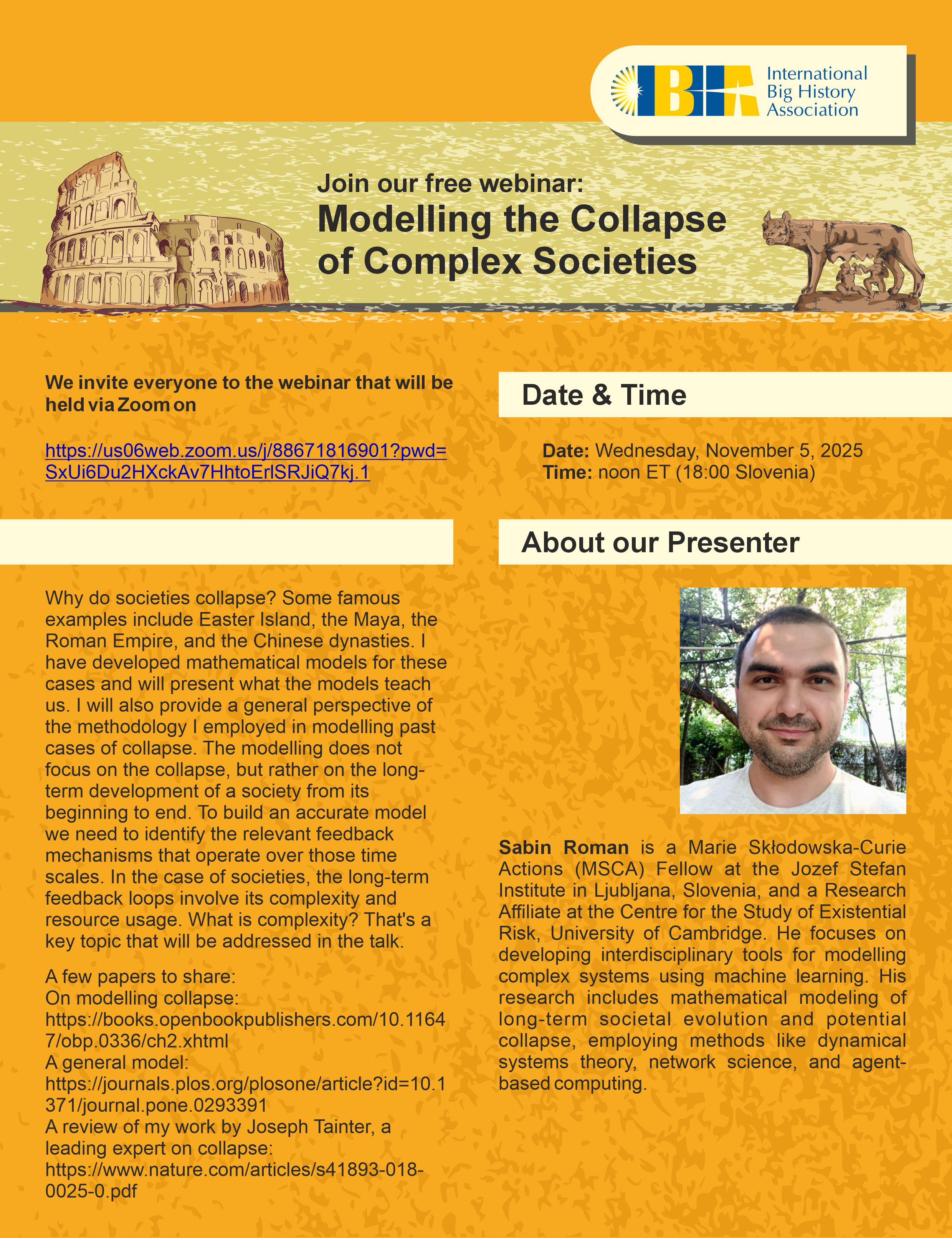 Invitation to webinar on Modelling the Collapse of Complex Societies